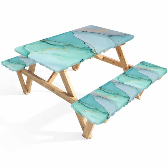 Abstract Teal Picnic Table Cover with Bench Covers Aqua Marble Cracks ...