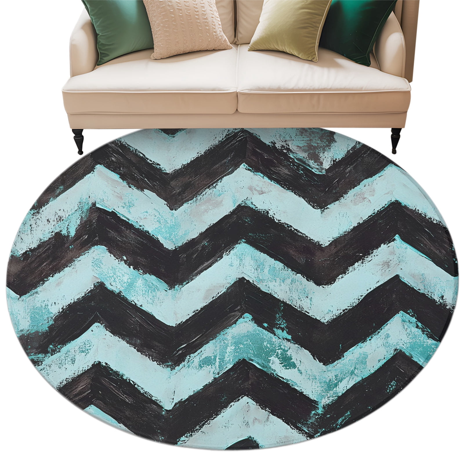 Abstract Teal Round Rug 8ft Washable Circle Rugs Non Slip Geometric ...