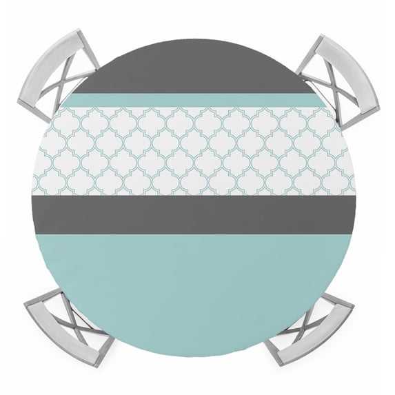 Abstract Teal Round Table Cover, Grey Stripes Moroccan Geometric Modern ...