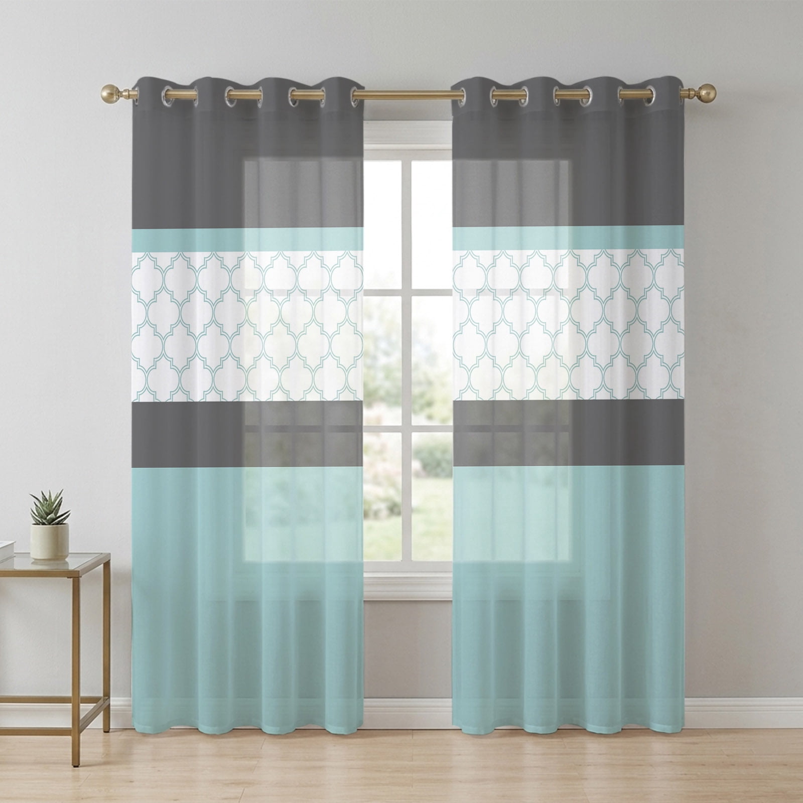 Abstract Teal Sheer Curtains 96 Inch Long 2 Panels, Grey Stripes ...