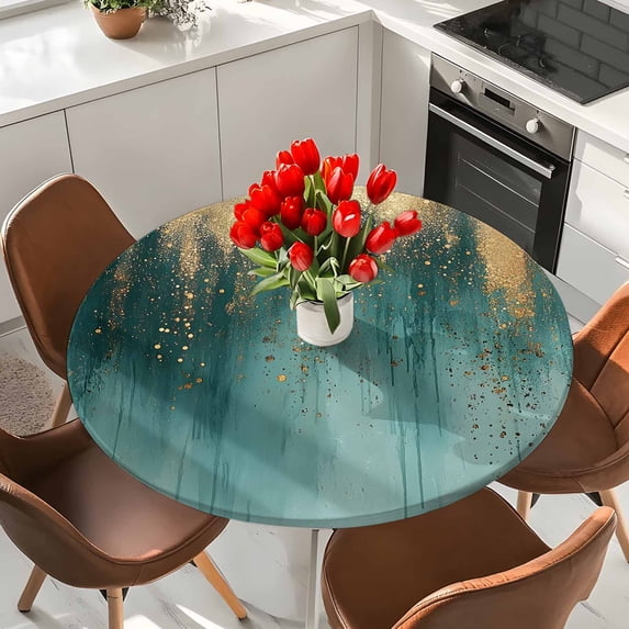 Abstract Teal Shinny Gold Gradient Round Fitted Tablecloth with Elastic ...