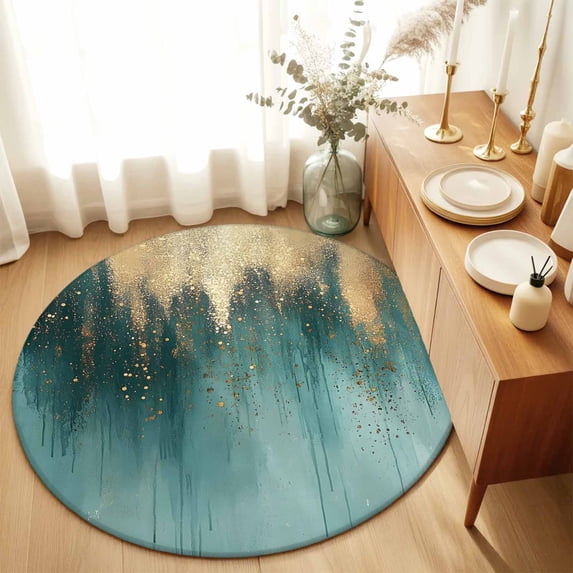 Abstract Teal Shinny Gold Gradient Round Rug 3ft Modern Minimalist ...