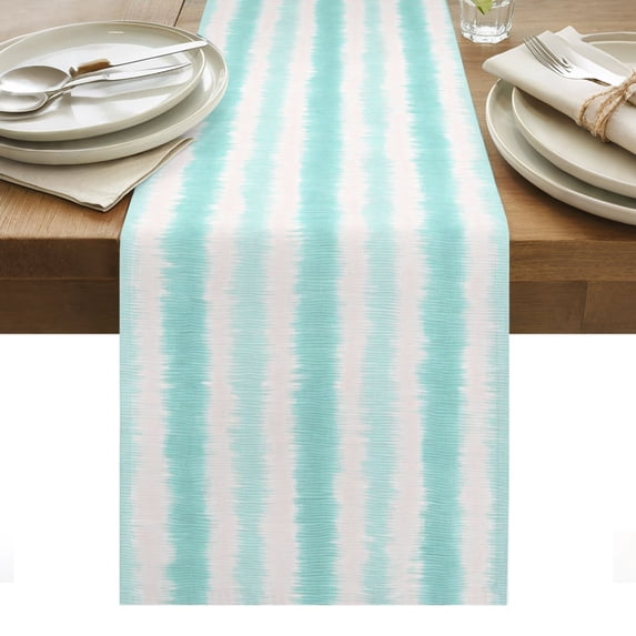 Abstract Teal Stripes Cotton Linen Table Runner Rustic Green Denim ...
