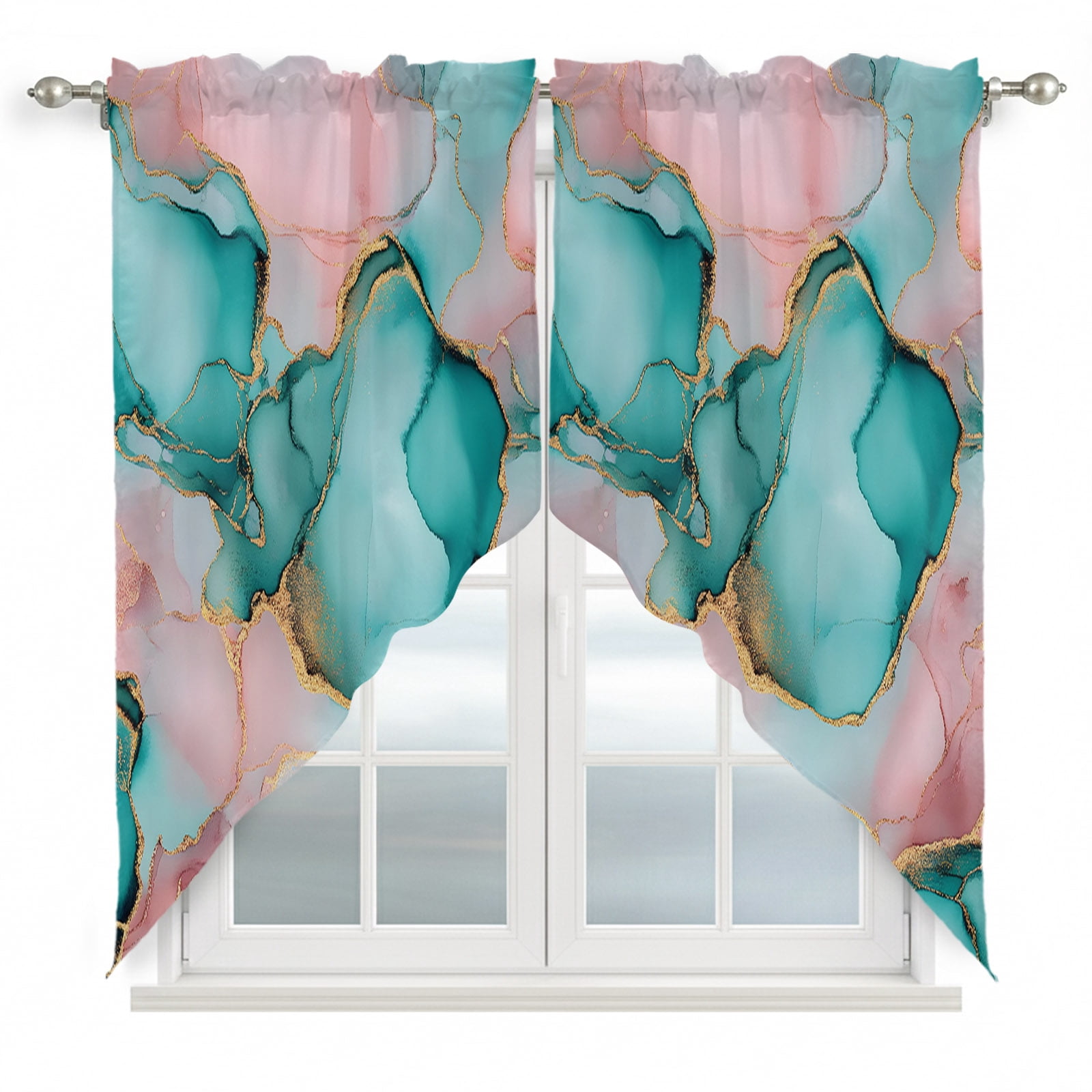 Abstract Teal Swag Curtain Valance for Window 2 Panels Pink Fluid Art ...