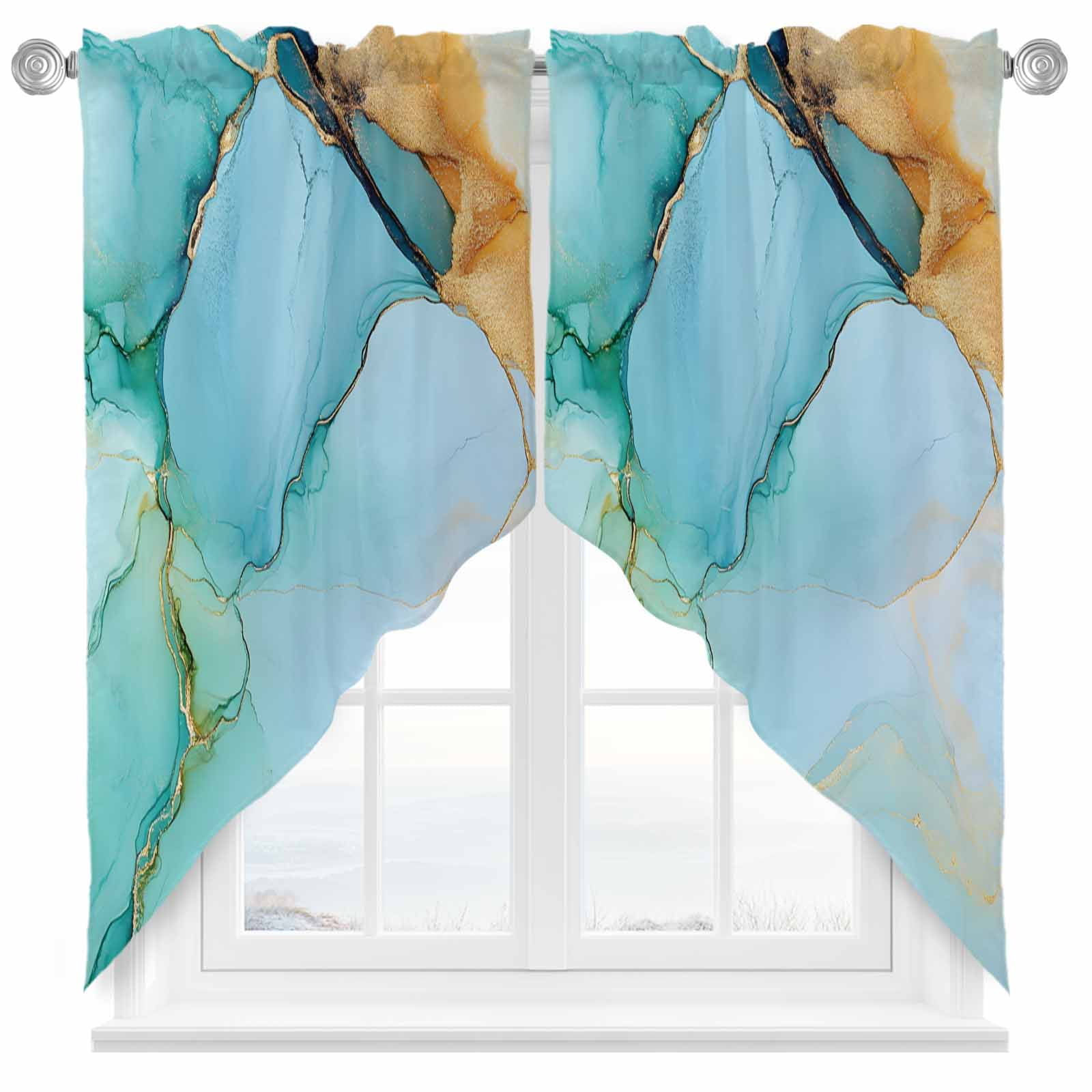 Abstract Teal Swag Curtain Valance for Windows, Green Gold Marble ...