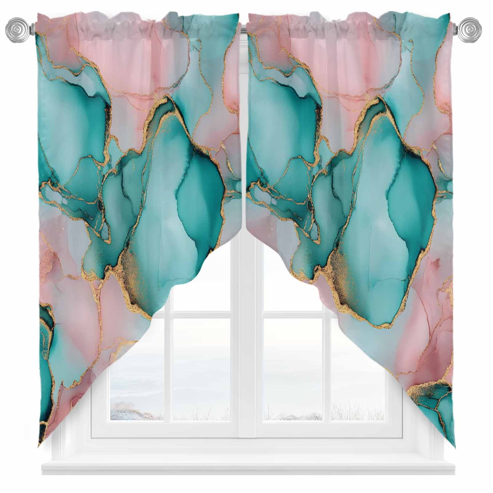 Abstract Teal Swag Curtain Valance for Windows, Pink Fluid Art Marble ...