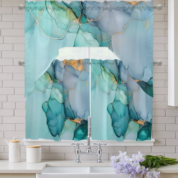 Abstract Teal Swag Valance and Tier Set of 3, Blue Gold Marble Natural ...