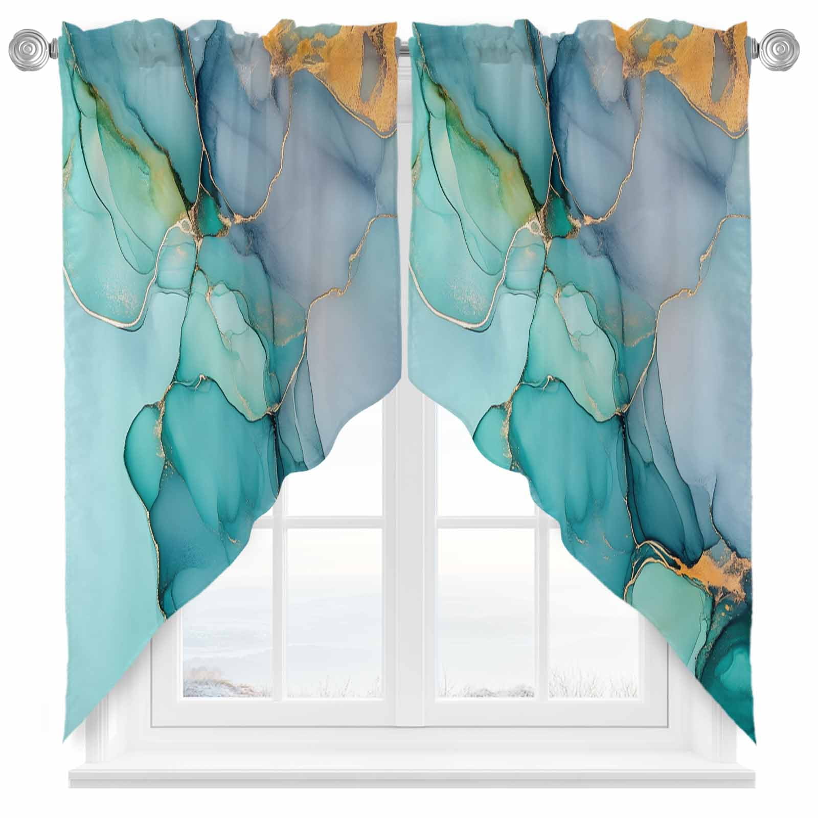 Abstract Teal Swag Valances for Windows 2 Pack Blue Gold Marble Natural ...