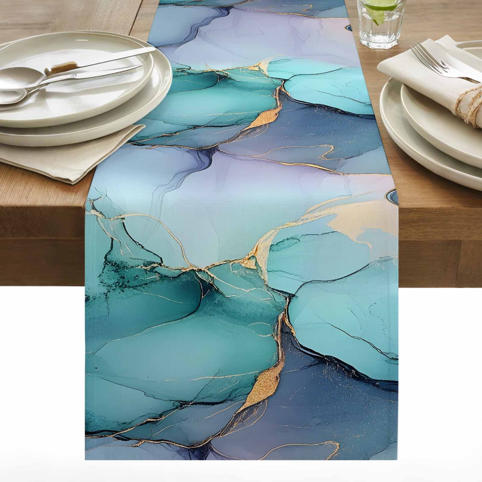 Abstract Teal Table Runner 13x72 inch Purple Ombre Marble Cracks ...