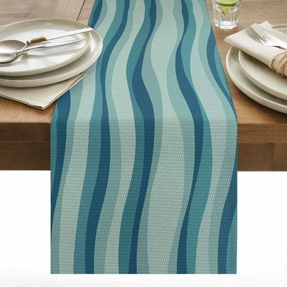 Abstract Teal Table Runner 13x90 inch Gadient Water Waves Striped ...