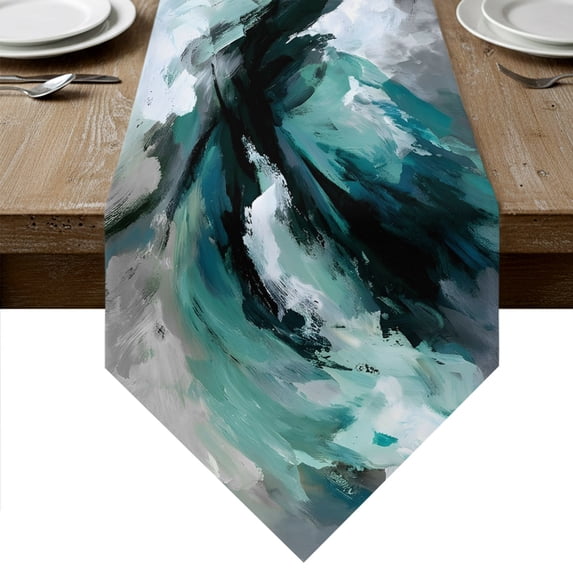 Abstract Teal Table Runner Linen Burlap Table Runner 72 Inches Long ...