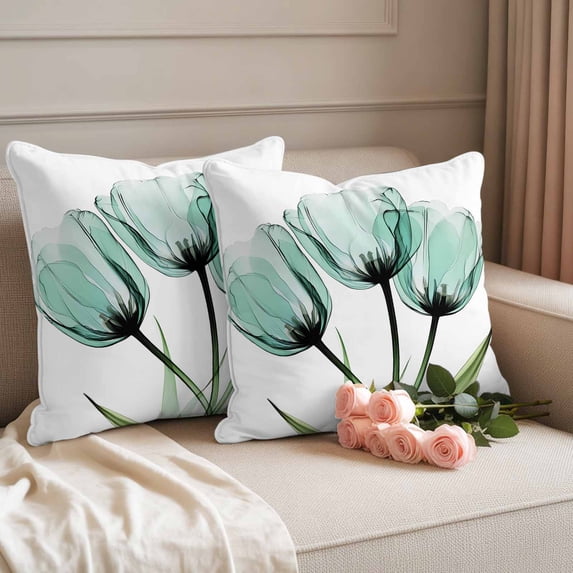 Abstract Teal Tulip Blossom Flower Waterproof Throw Pillow Covers Set ...