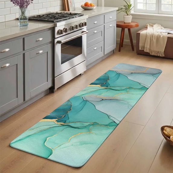 Abstract Teal Washable Runner Rug 2X5 ft Aqua Marble Cracks Texture ...