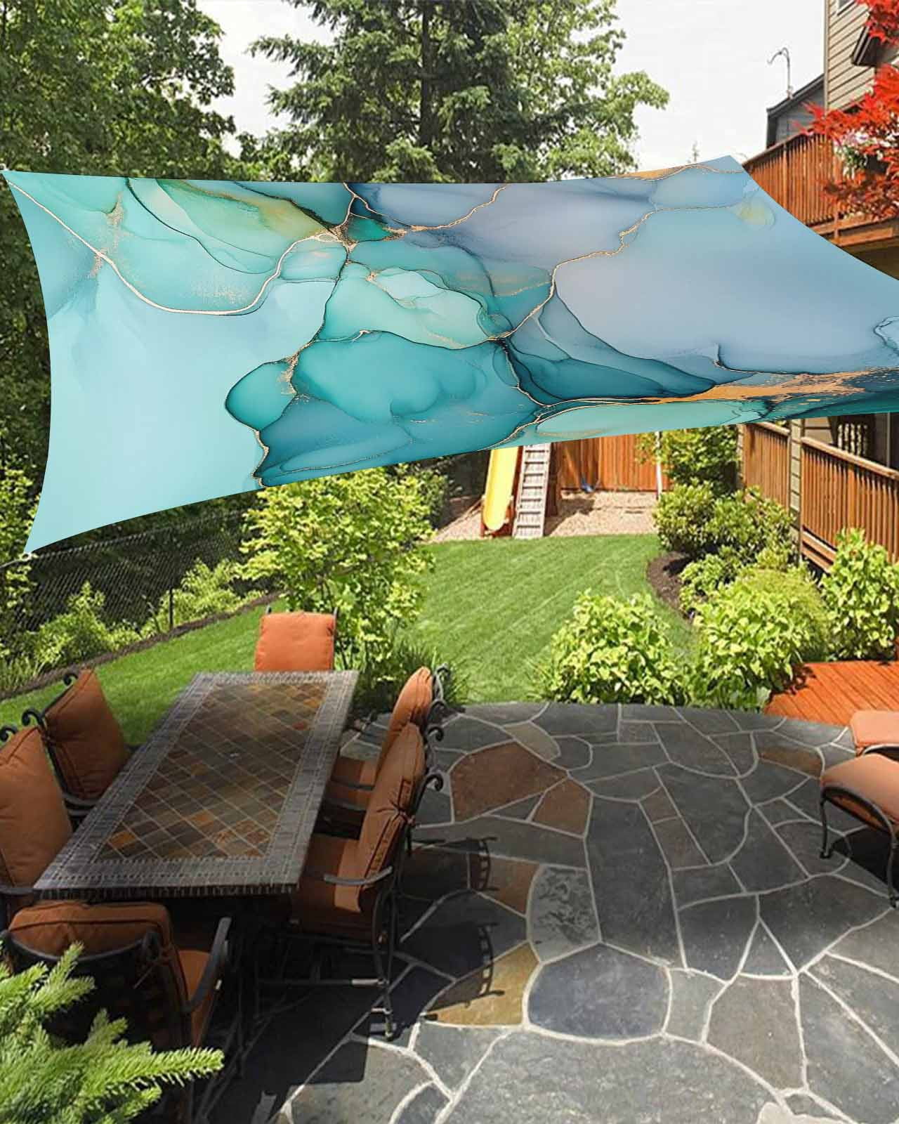 Abstract Teal Waterproof Sun Shade Sail Blue Gold Marble Natural Stone ...