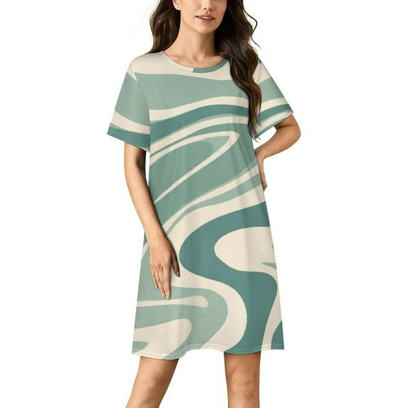 Abstract Teal Wavy Design Women Nightgown Sleepwear Short Sleeves For ...