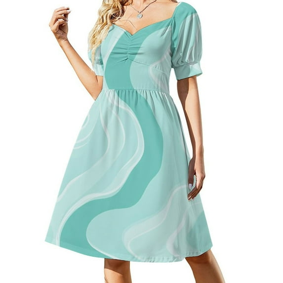 Abstract Teal Wavy Pattern Design Short Sleeve Dress Clothes Women's ...