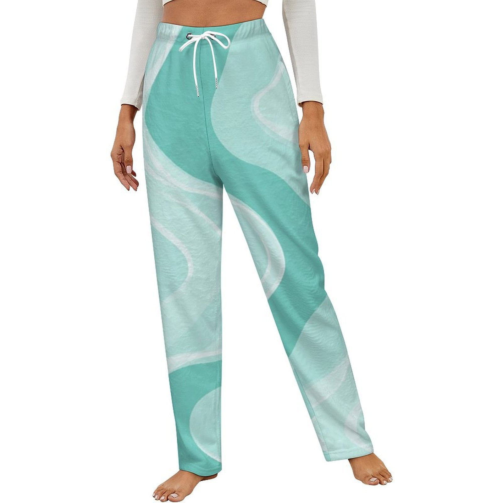 Abstract Teal Wavy Pattern Design Winter Female Pants Flannel High ...