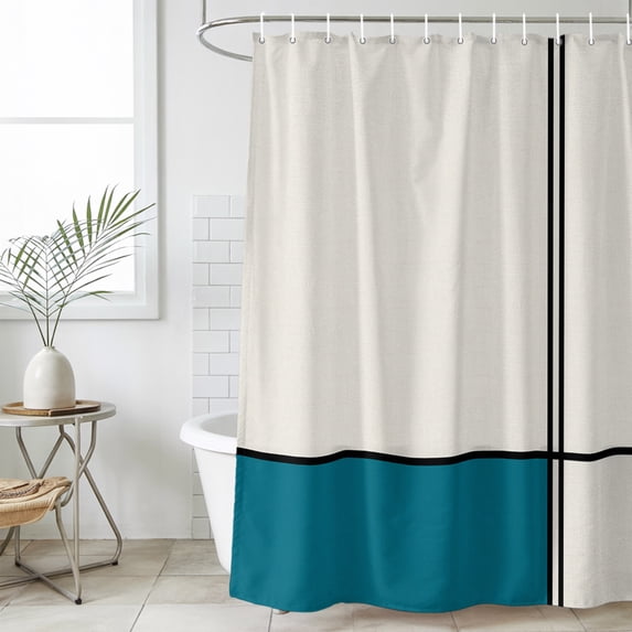 Abstract Teal White Color Blocks Shower Curtain Set, Waterproof Shower ...