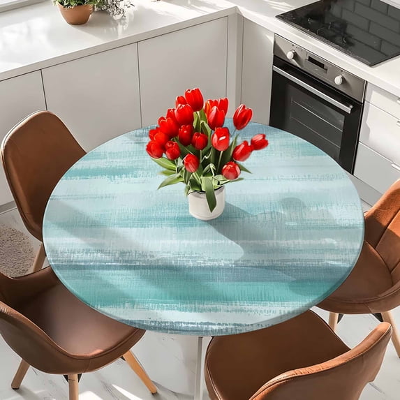 Abstract Teal White Ocean Waves Round Fitted Tablecloth with Elastic ...