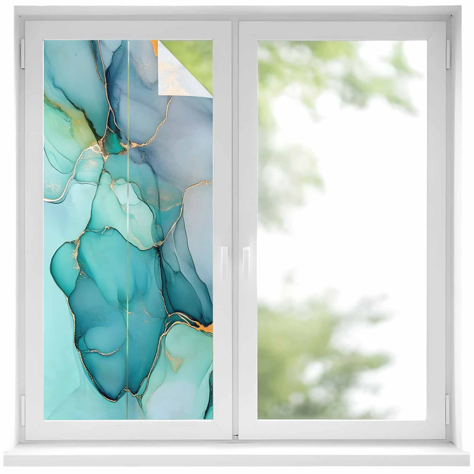 Abstract Teal Window Privacy Film Blue Gold Marble Natural Stone Cracks ...
