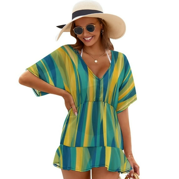 Abstract Teal Yellow Design Pattern Beach Cover Ups Women V Neck Short ...
