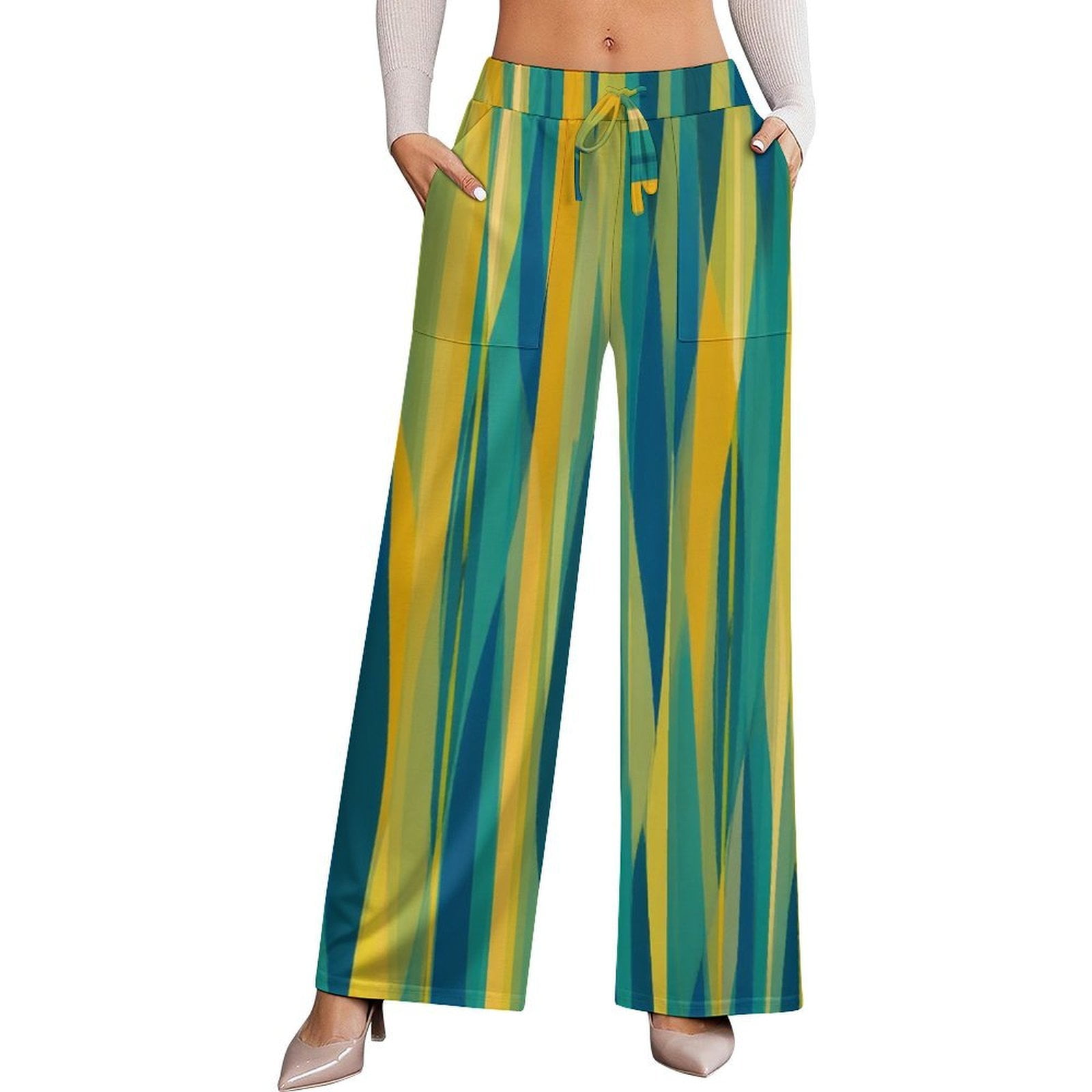 Abstract Teal Yellow Design Pattern Women's Casual Wide Leg Pants ...