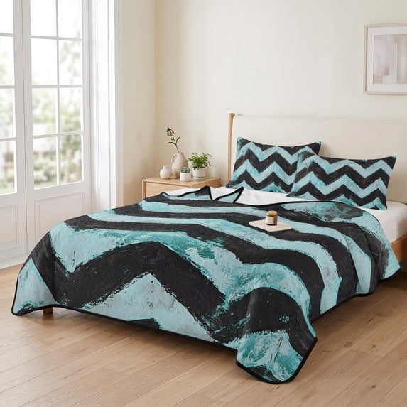 Abstract Teal Zigzag Striped 3 Pieces Quilt Set,1 Quilt with 2 Shams ...