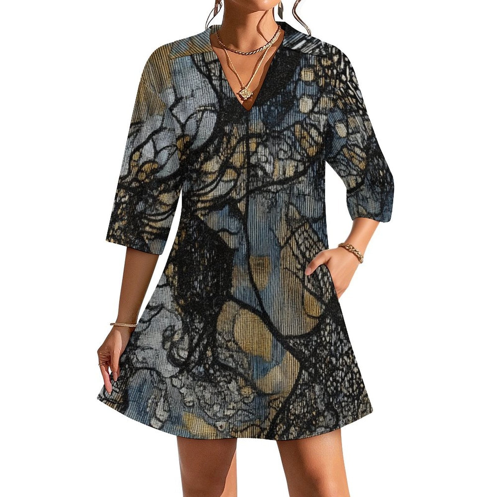 Abstract Textile Woven Artwork Womens Dress With Pockets Summer V Neck ...