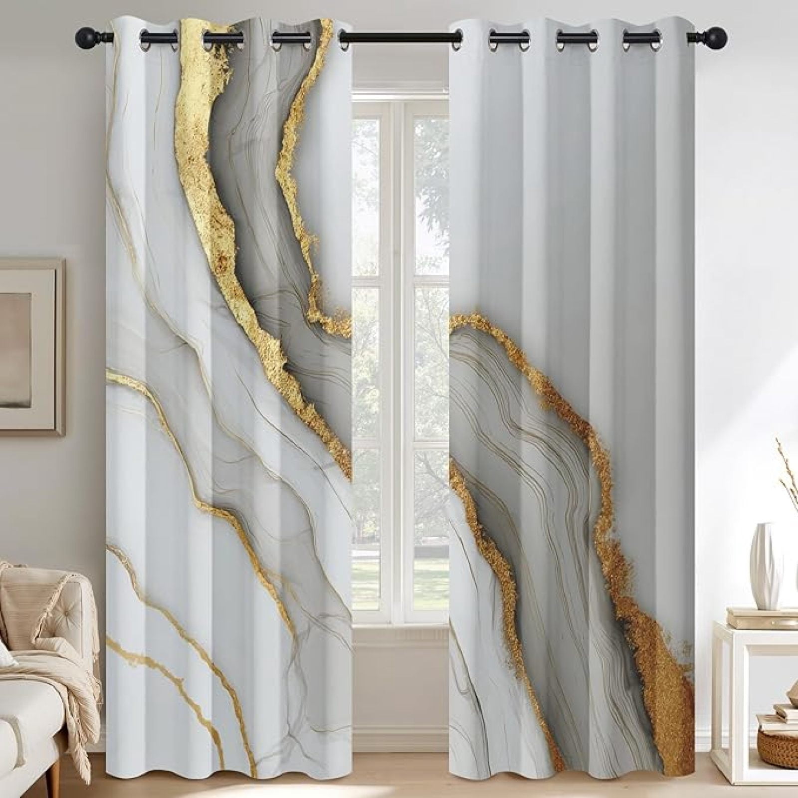Abstract Texture Curtains For Bedroom, Platinum Marble Blackout ...
