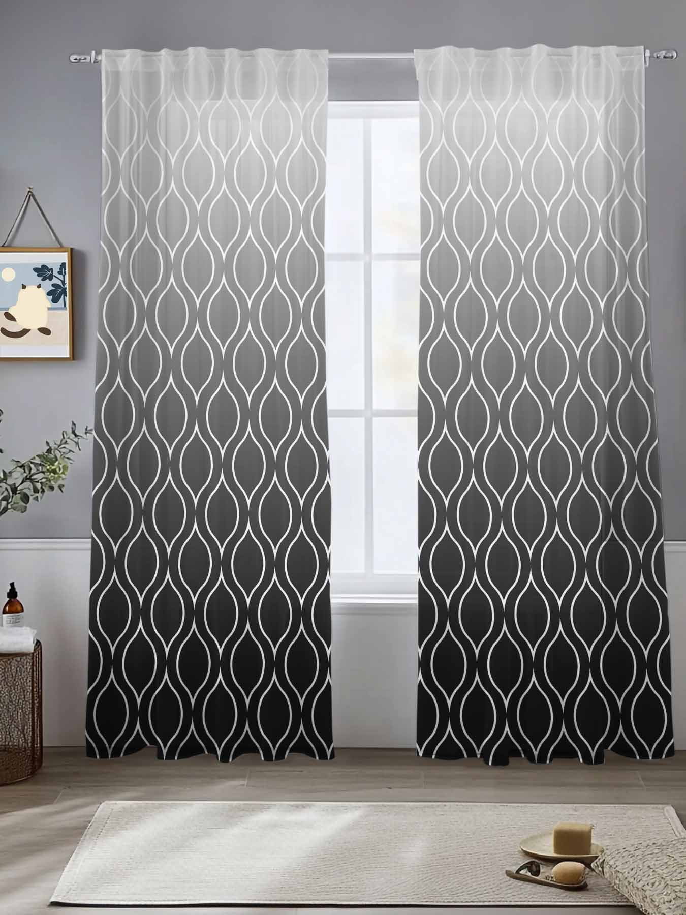 Abstract Texture Sheer Curtains 96 Inches Long 2 Panels Classic Black ...