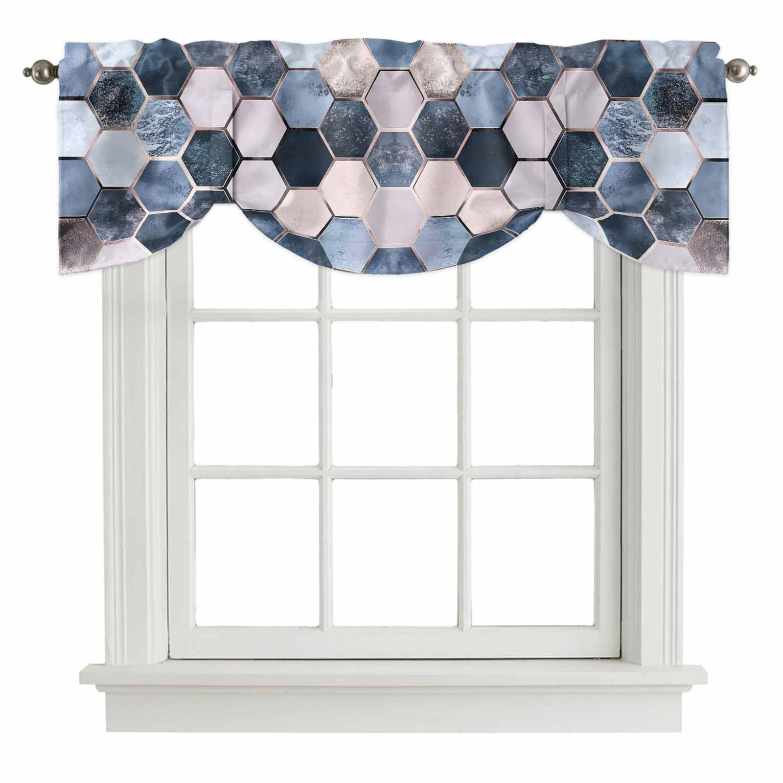 Abstract Texture Tie Up Valance Curtains Modern Blue Hexagon Art ...