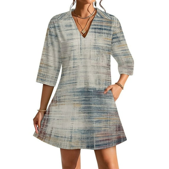 Abstract Textured Design Womens Dress With Pockets Summer V Neck 3/4 ...