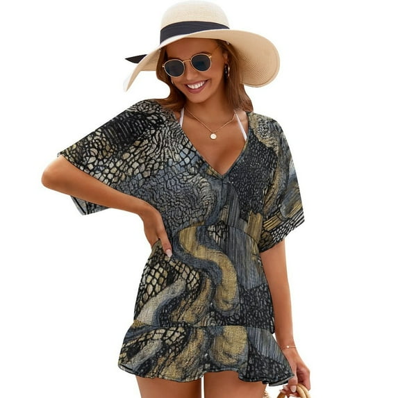 Abstract Textured Gold Blue Art Beach Cover Ups Women V Neck Short ...