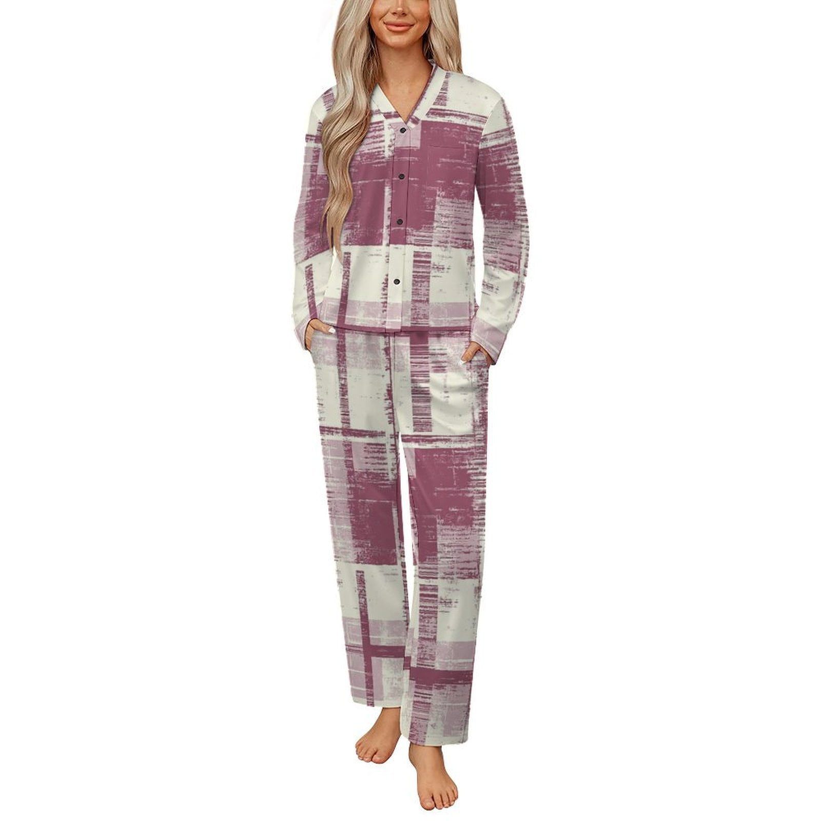 Abstract Textured Pink Plaid Womens Pyjamas Set Button Up Pyjamas ...