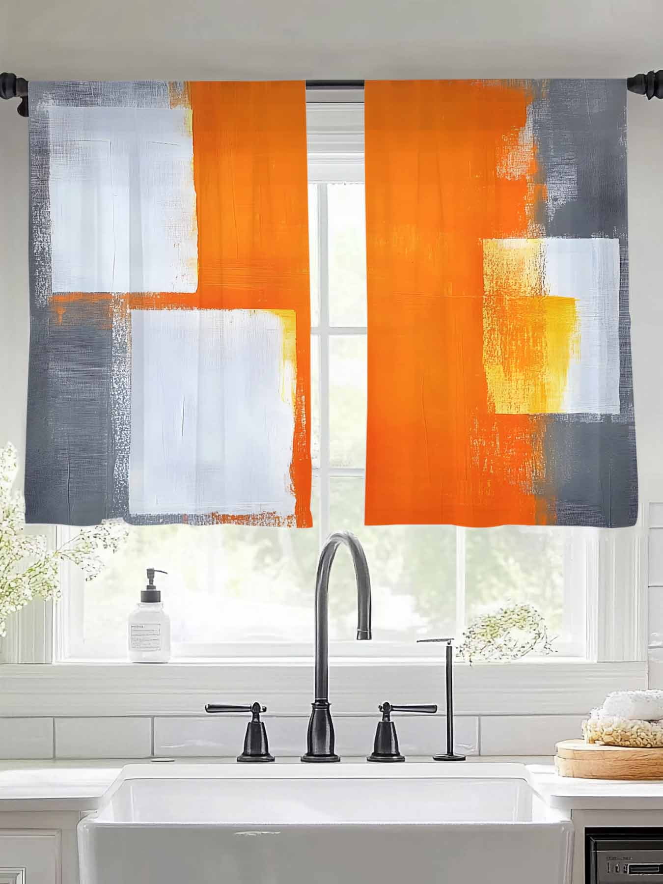 Abstract Theme Sheer Curtains 45 Inches Long 2 Panels Orange Gray ...
