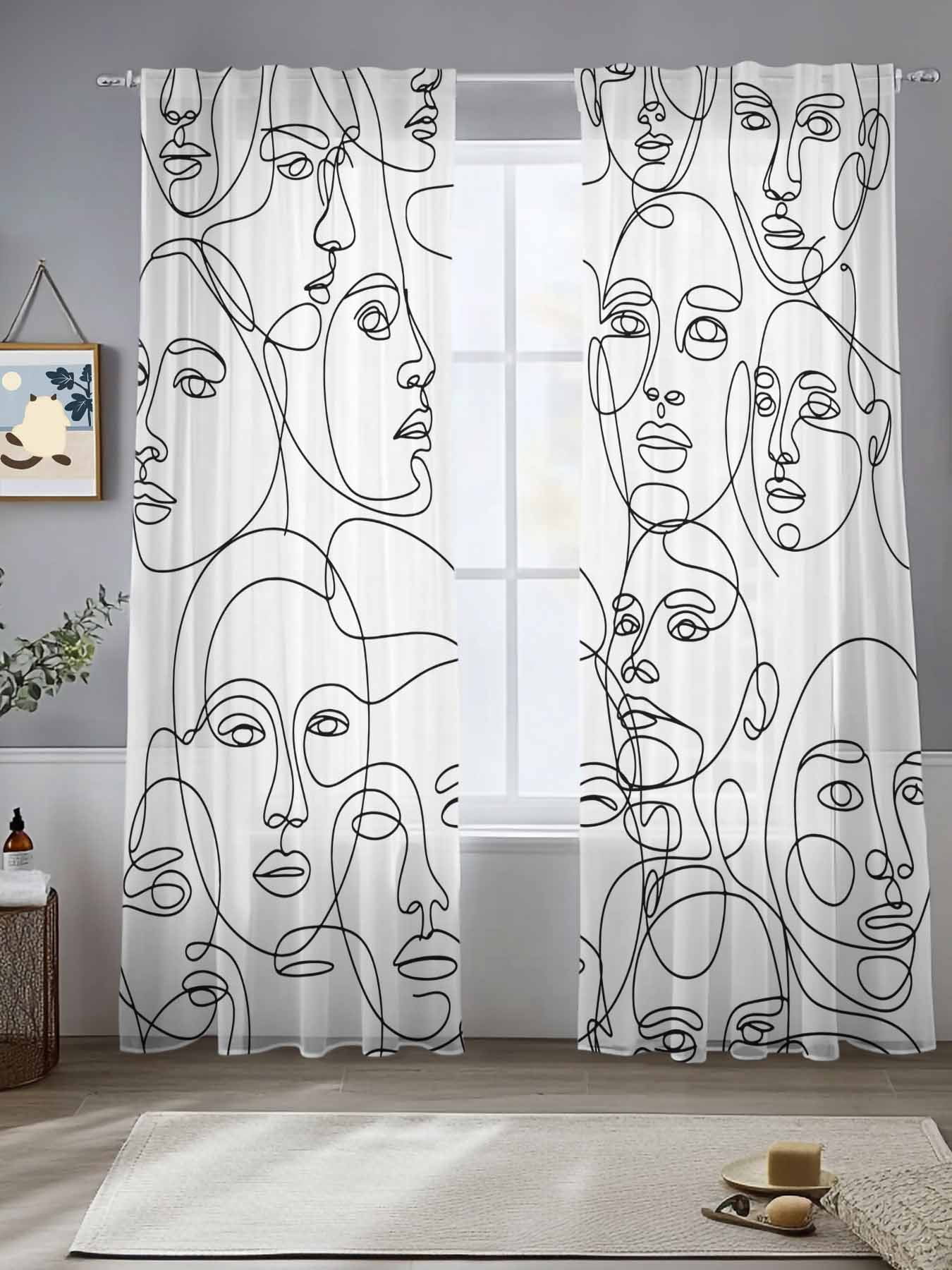 Abstract Theme Sheer Curtains 84 Inches Long 2 Panels Blue Modern ...