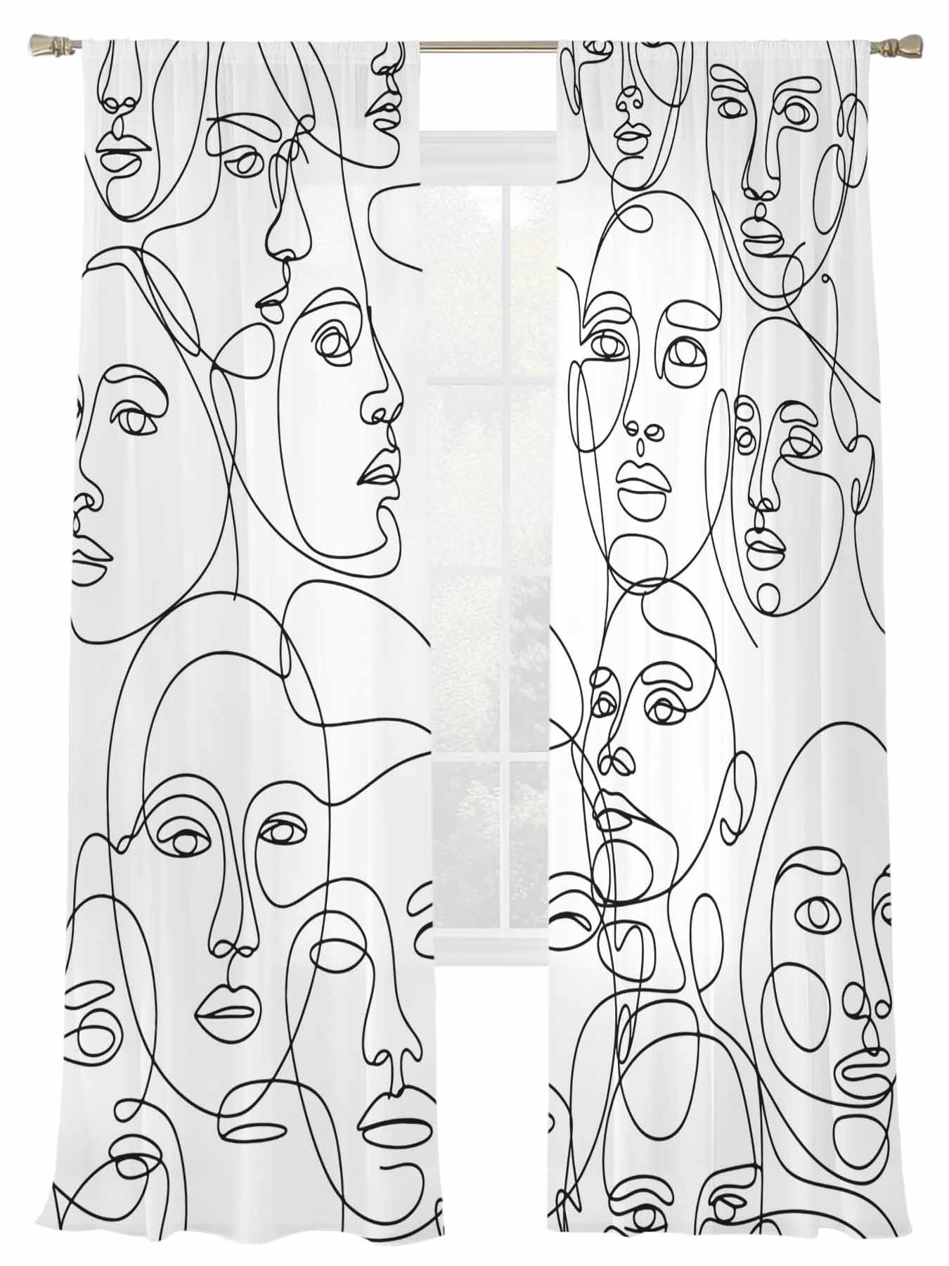 Abstract Theme Sheer Curtains 96 Inch Long 2 Panels, Blue Modern Simple ...