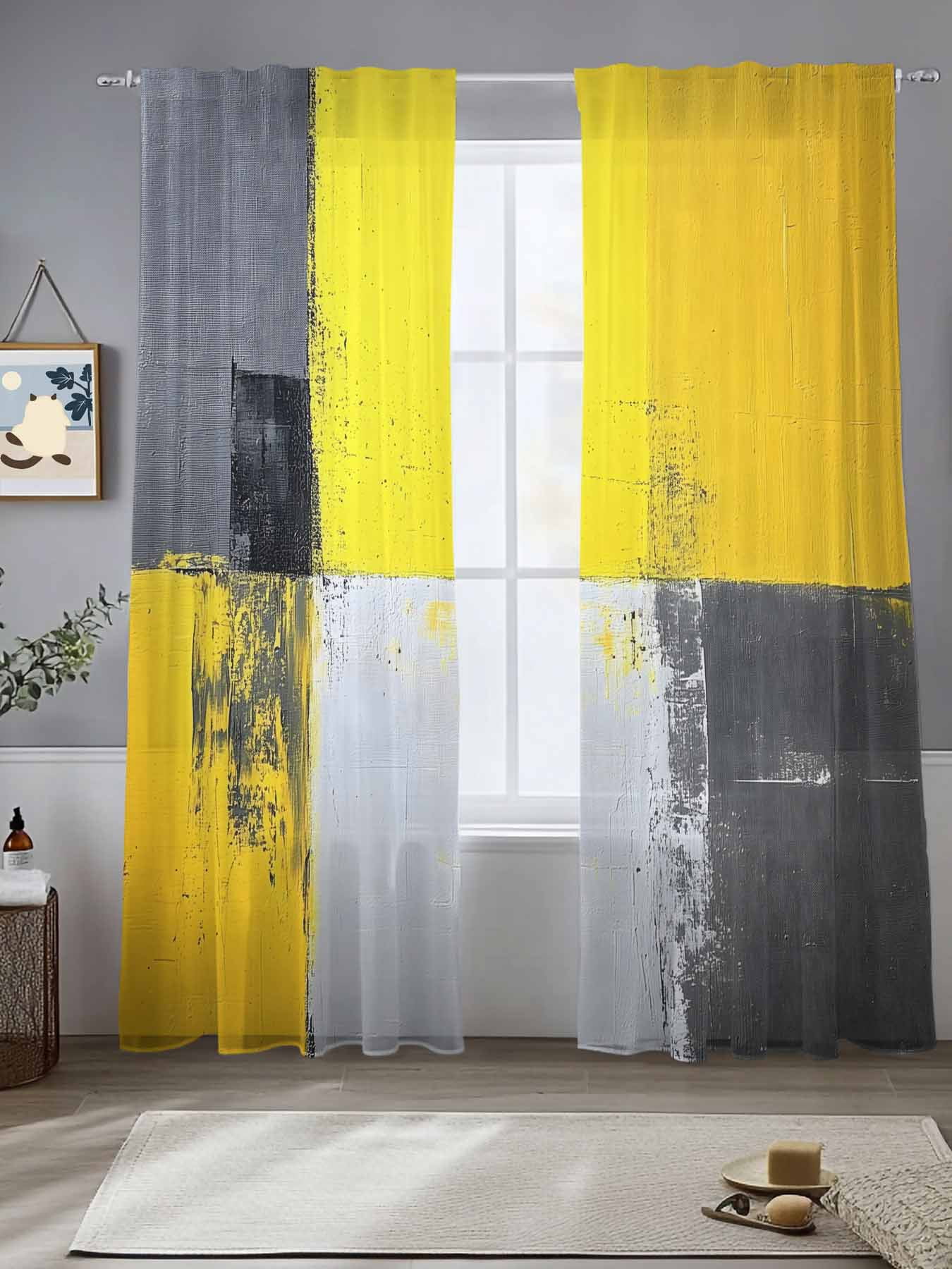 Abstract Theme Sheer Curtains 96 Inches Long 2 Panels Gary Yellow Color ...