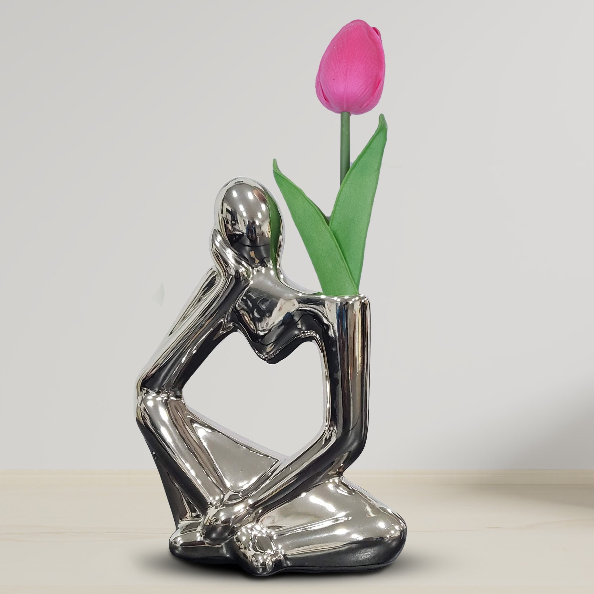 Abstract Thinking Statue with Faux Tulip, Silver Finish - Sophisticated ...