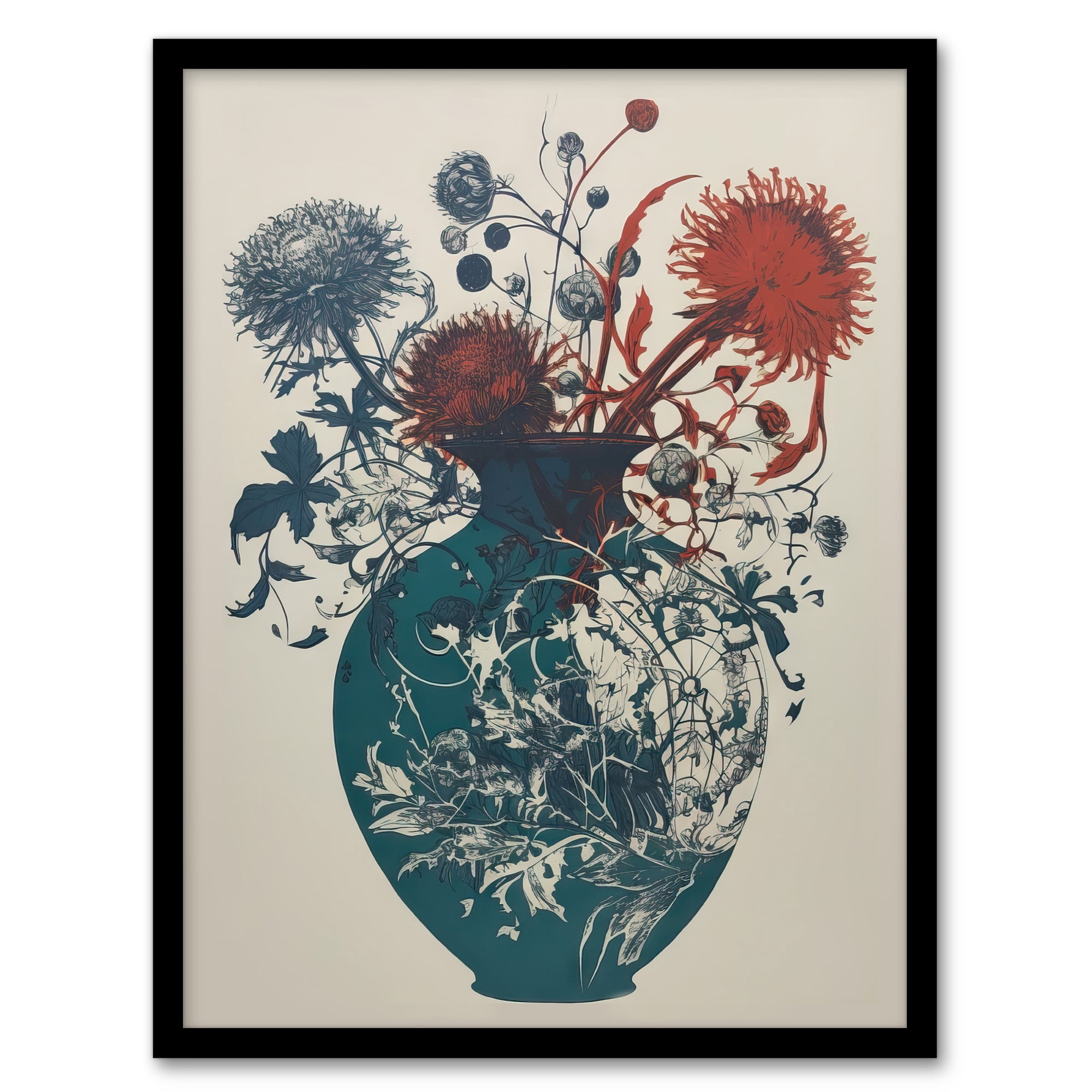 Abstract Thistle Flowers Artistic Linocut Painting Teal Blue Red ...