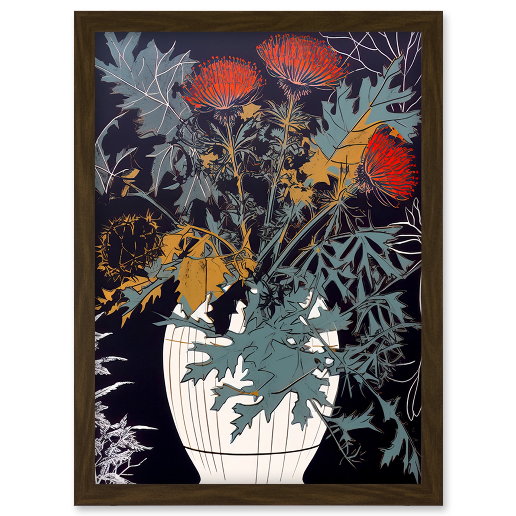 Abstract Thistle Vase Dark Linocut Floral Red Green Ochre Scottish ...
