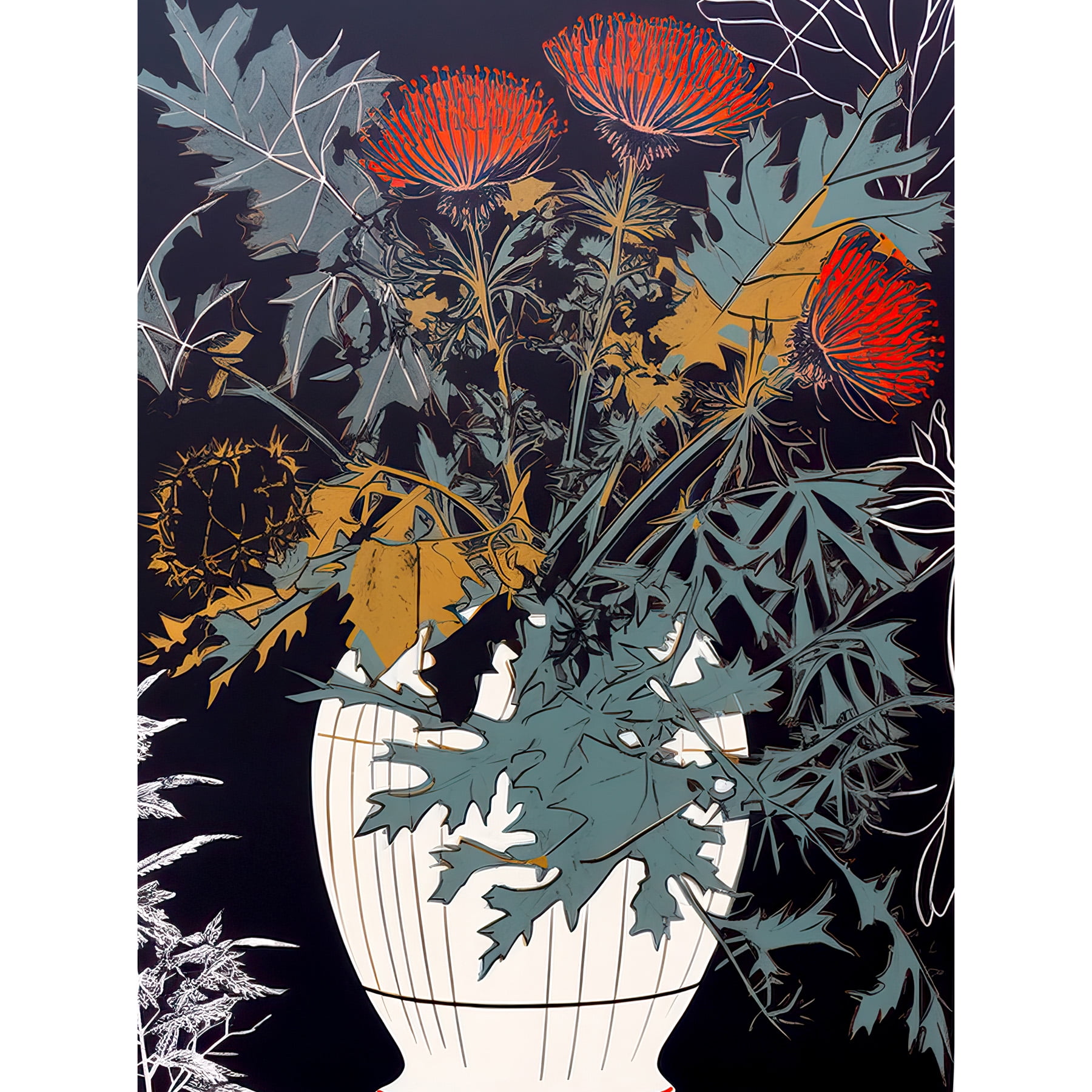 Abstract Thistle Vase Dark Linocut Floral Red Green Ochre Scottish ...
