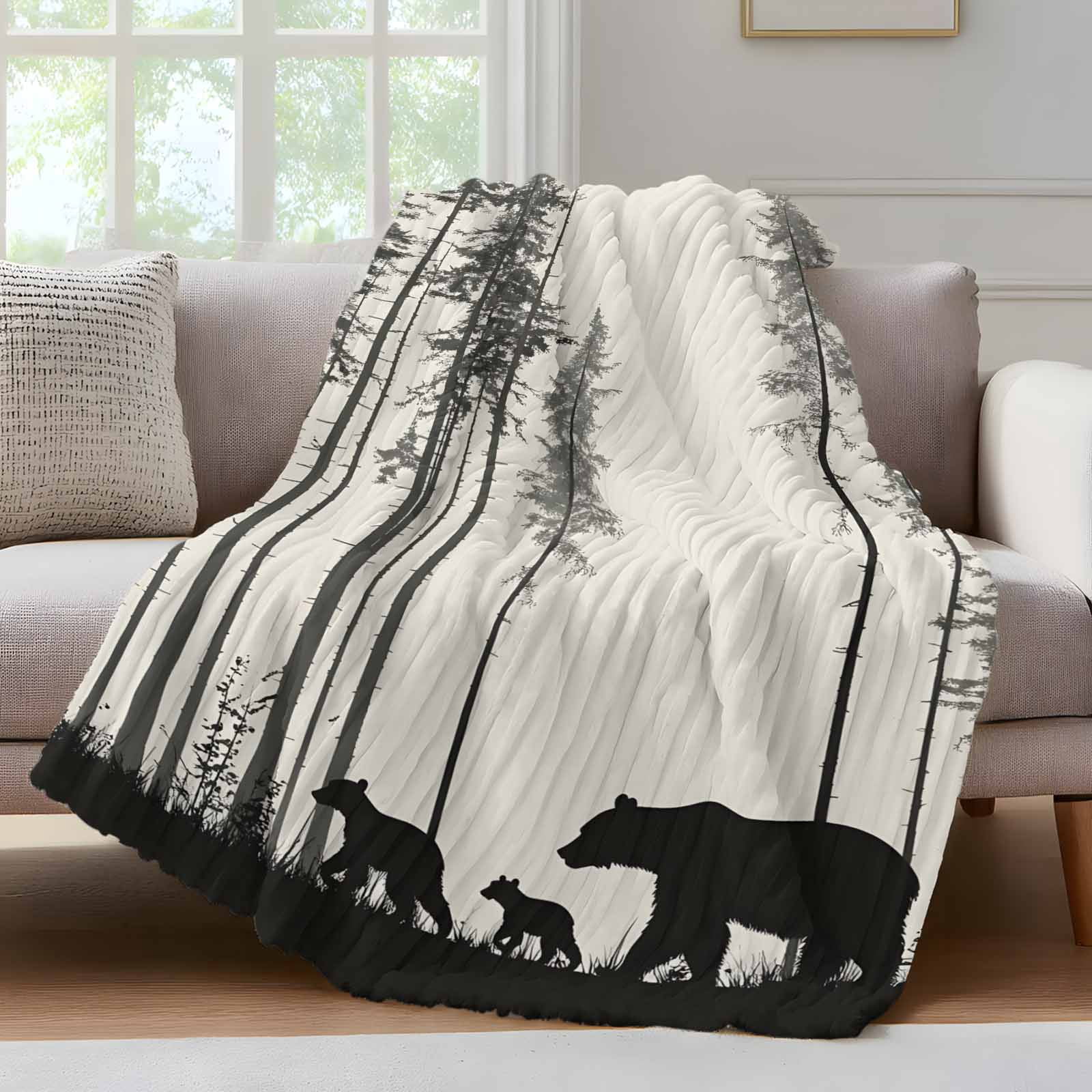 Abstract Throw Blanket for Couch Forest Walking Bear Family Pine Tree ...