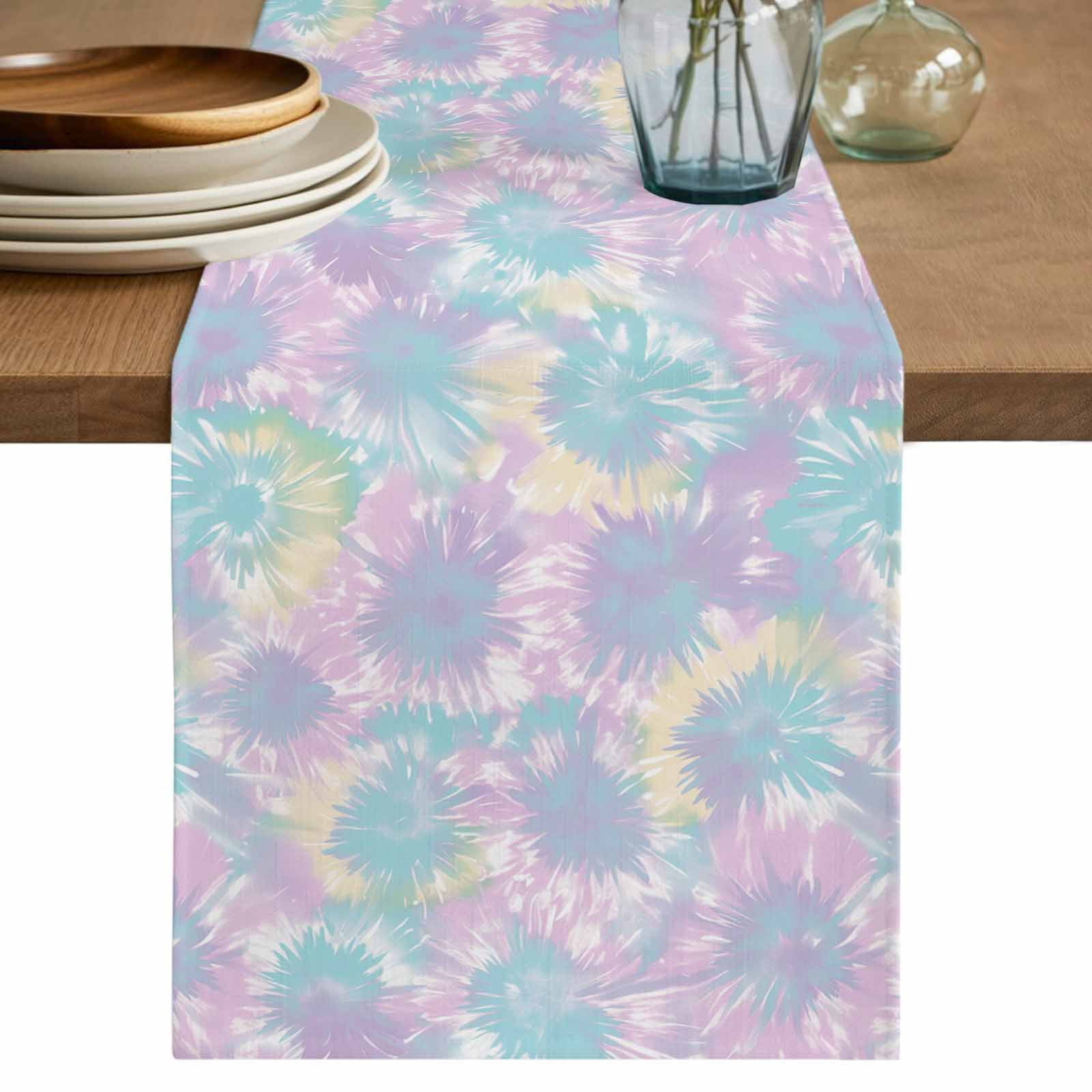 Abstract Tie Dye Art Table Runner, Pink Aqua Green Yellow Gradient ...
