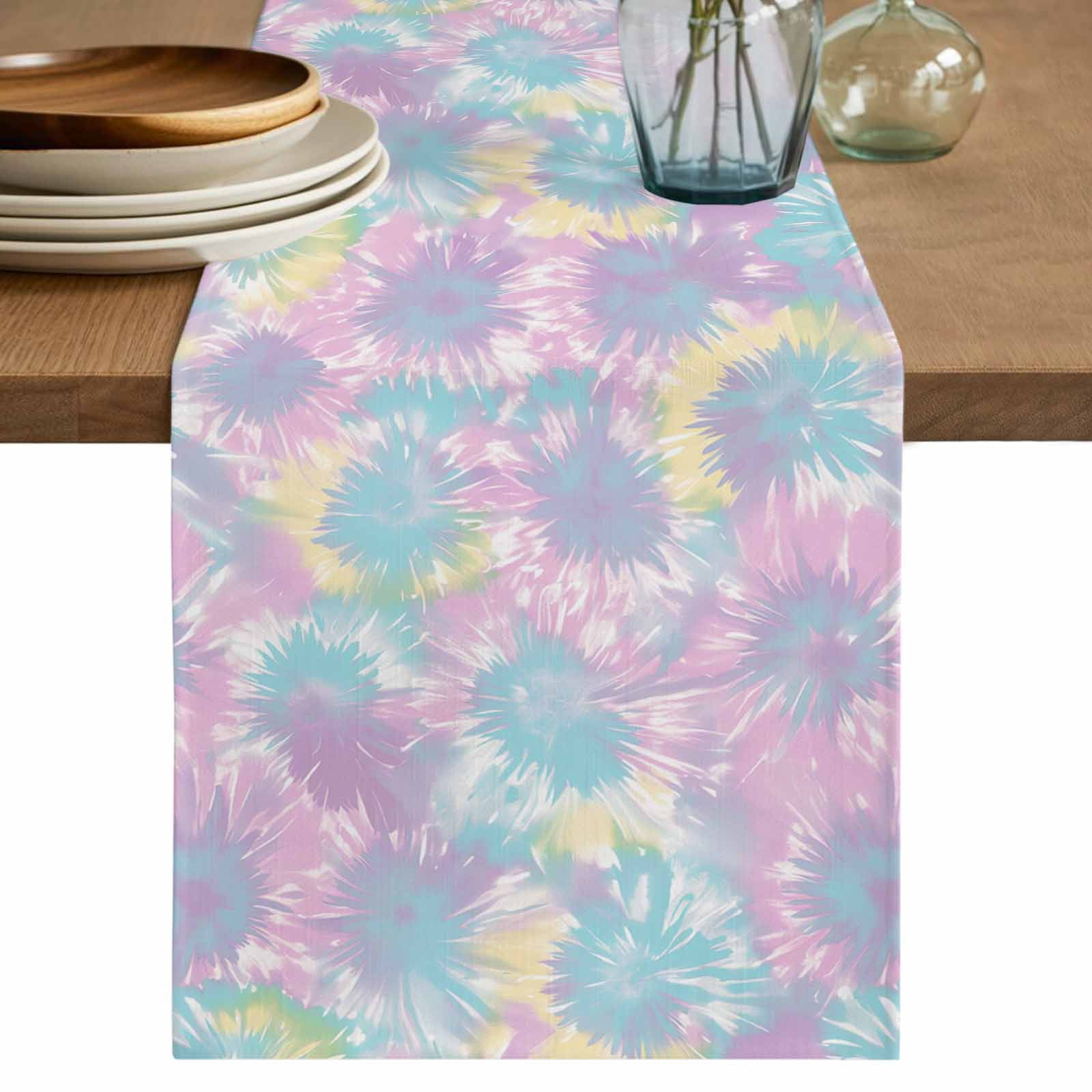 Abstract Tie Dye Art Table Runner, Pink Teal Green Yellow Gradient ...