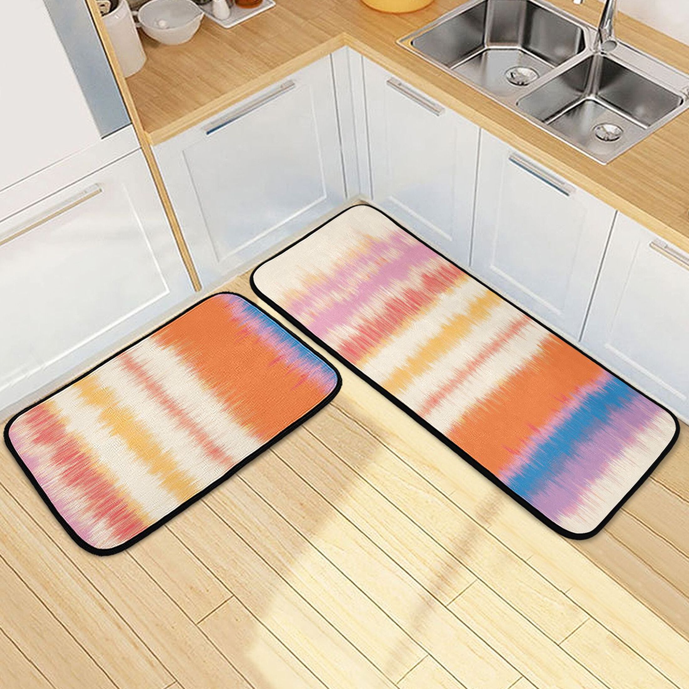 Abstract Tie Dye Stripe Kitchen Rugs Set of 2 Non Slip Floor Foam Mat ...