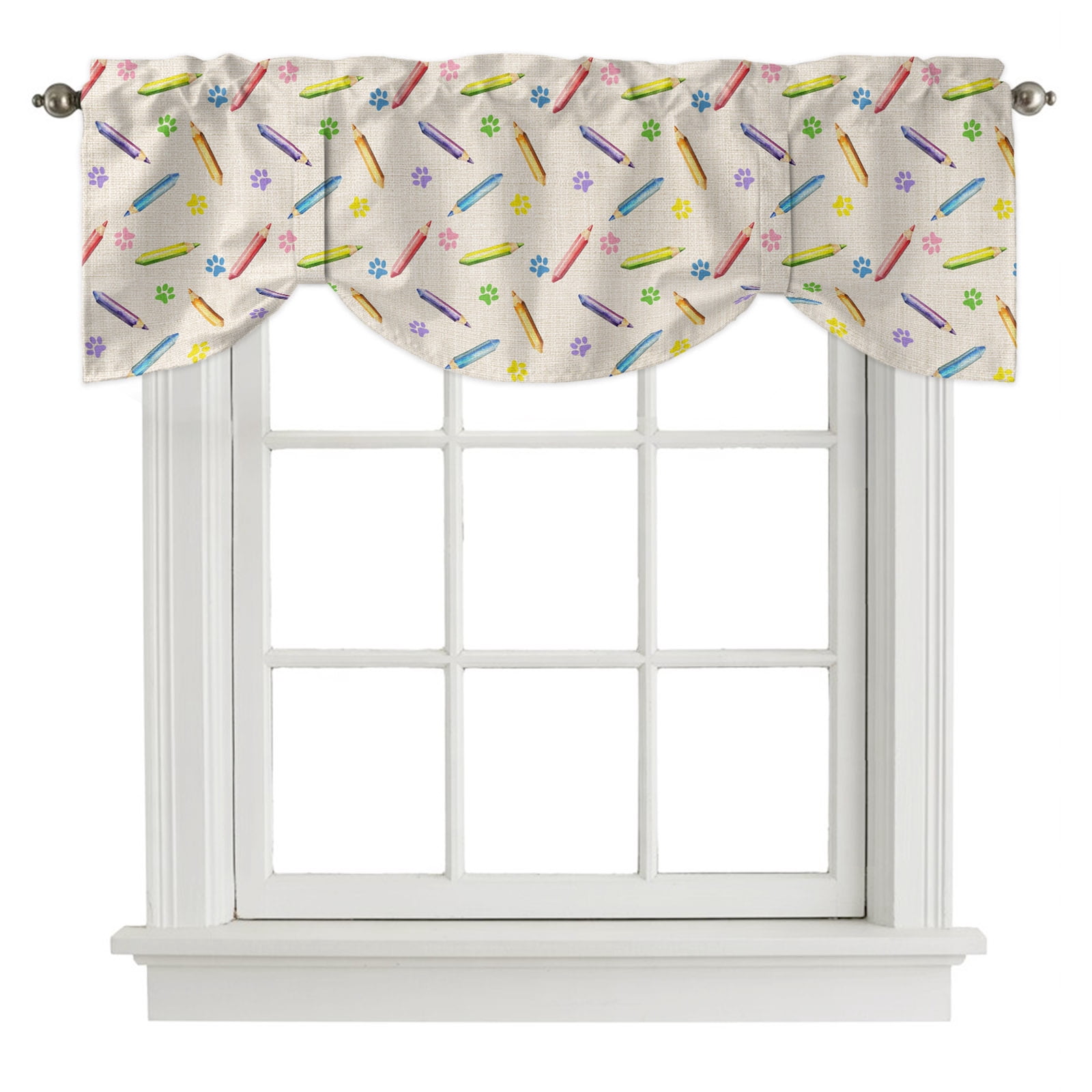 Abstract Tie Up Valance Curtains Blue Green Red Pencil Paw Print Linen ...