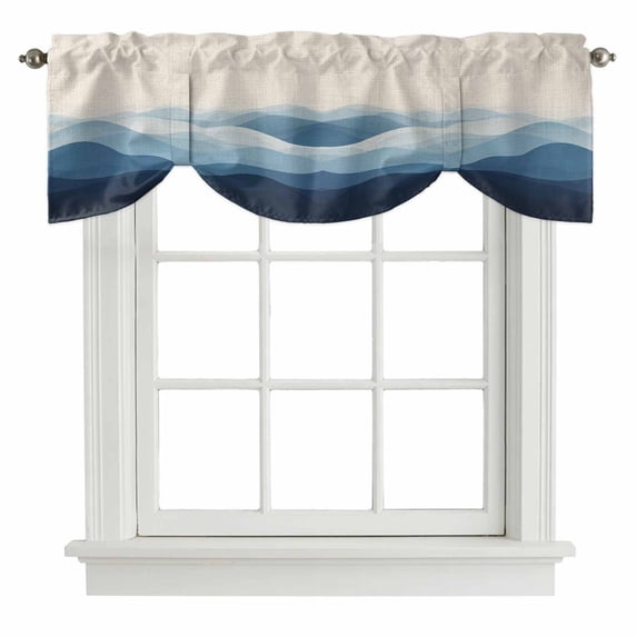 Abstract Tie Up Valance Curtains Blue Wave Minimalist Linen Texture ...