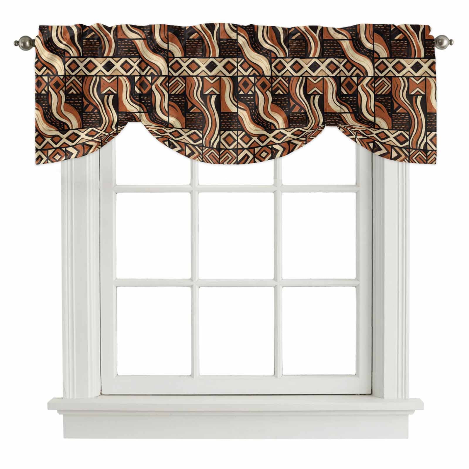 Abstract Tie Up Valance Curtains Retro Red Brown Beige Stripe Geometric ...