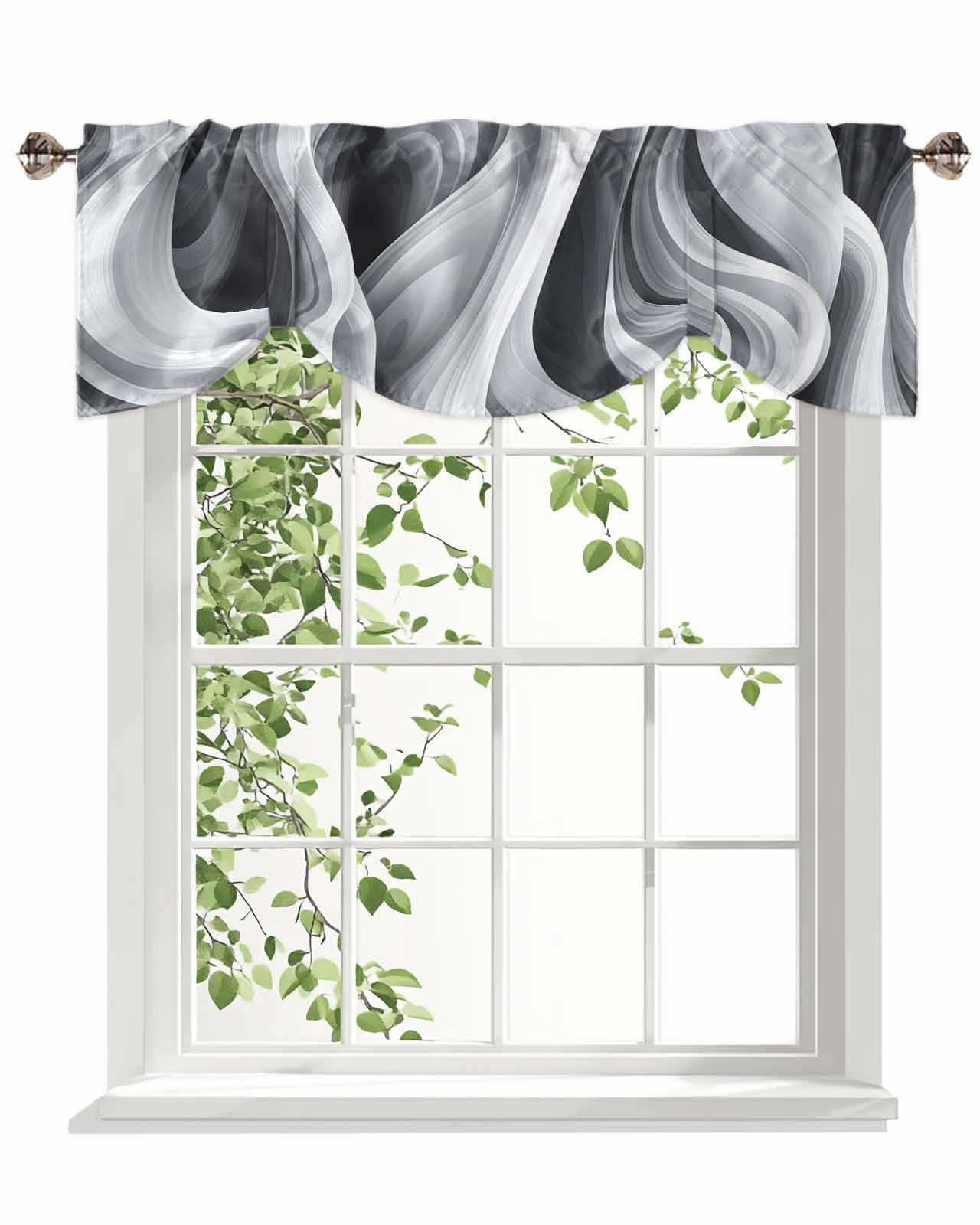 Abstract Tie Up Valances Curtain, Gray and White Wave Lines Liquid ...